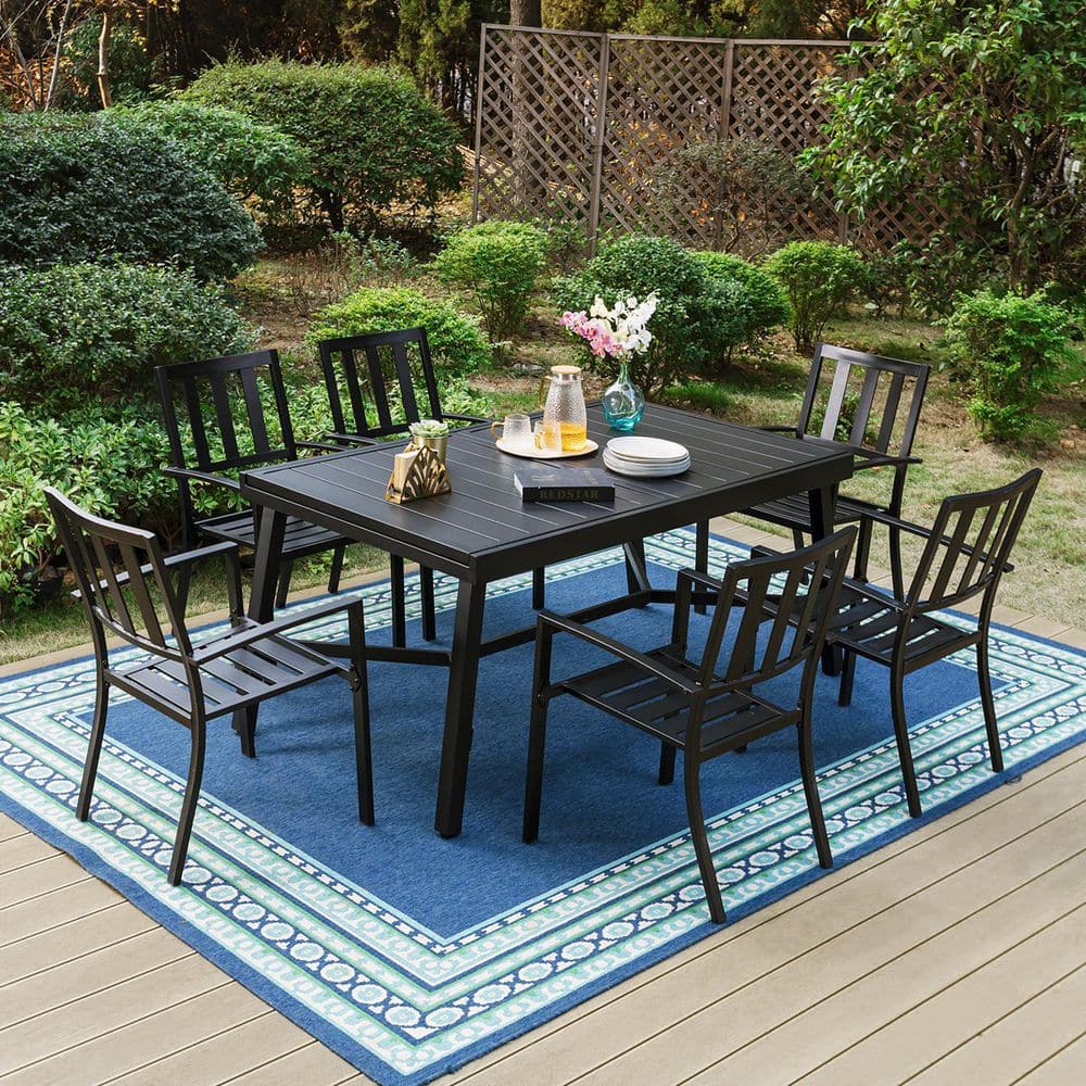PHI VILLA 7-Piece Metal Outdoor Dining Set with Extensible Rectangular ...