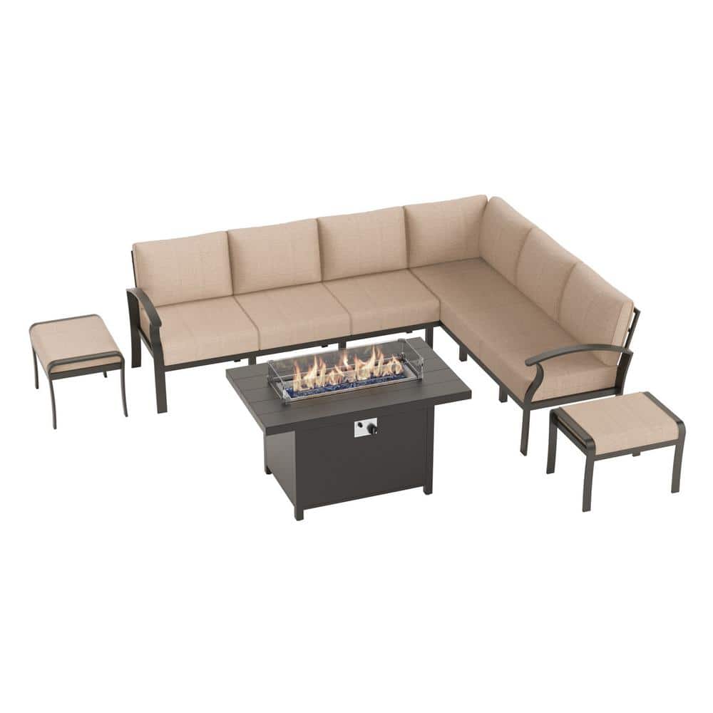 Halmuz 8-Seat Aluminum Patio Conversation Set with Fire Pit Table ...