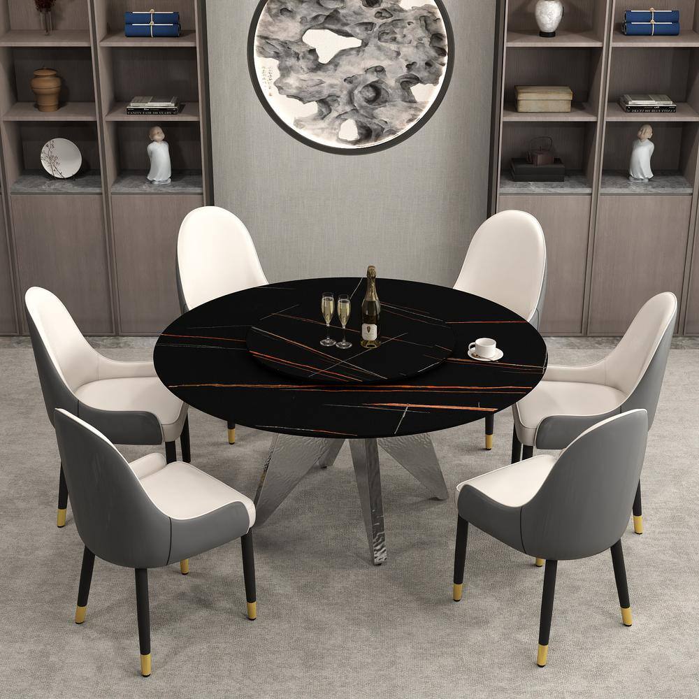 Reviews for Magic Home 59 in. Black Rotable Lazy Susan Sintered Round Stone Tabletop Silver ...