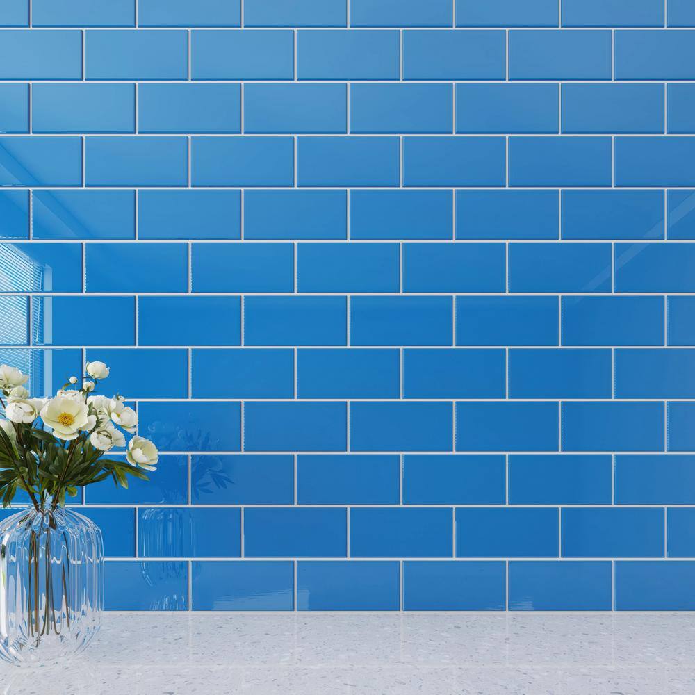 Giorbello Blue 3 in. x 6 in. x 8mm Glass Subway Wall Tile (5 sq. ft ...