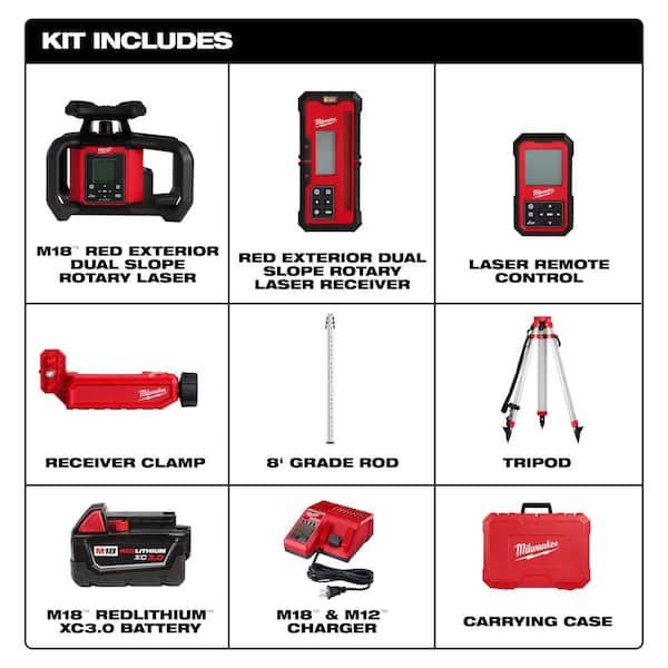 Milwaukee M18 4000 ft. Red Exterior Dual Slope Rotary Laser Level Kit ...
