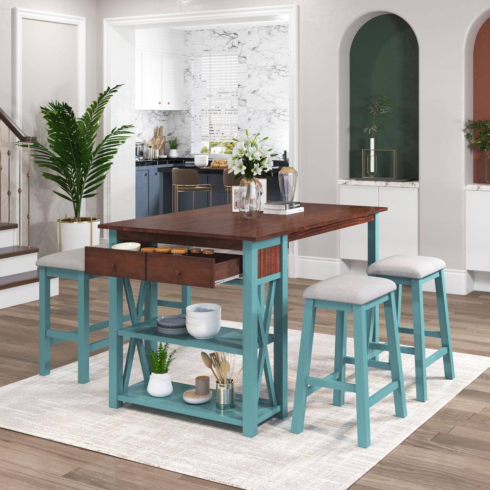 Harper & Bright Designs Rustic 4-Piece Rectangle Walnut and Blue Acacia ...