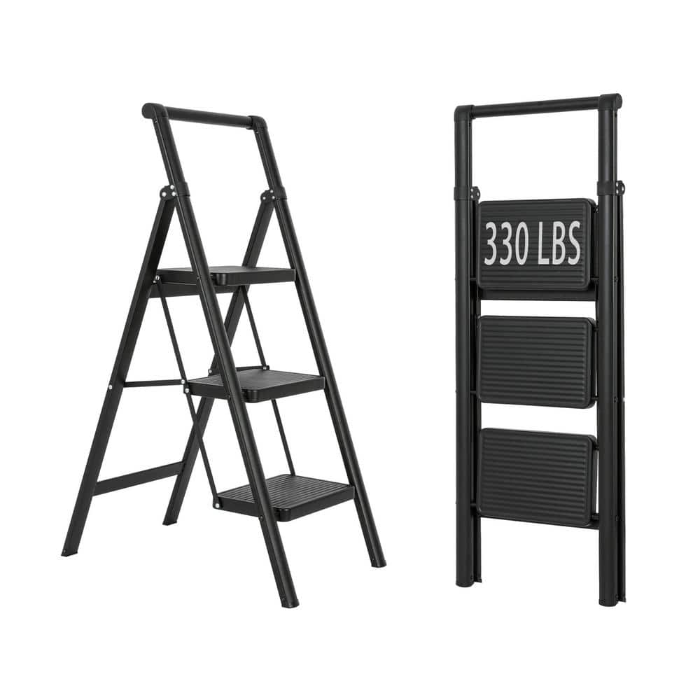 maocao hoom Black Iron, Foldable Non-Slip 3-Step Ladder 3.4 ft. Reach ...