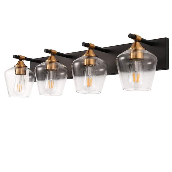 YANSUN 30 in. Industrial 4-Light Black and Brass Bathroom Vanity Light ...