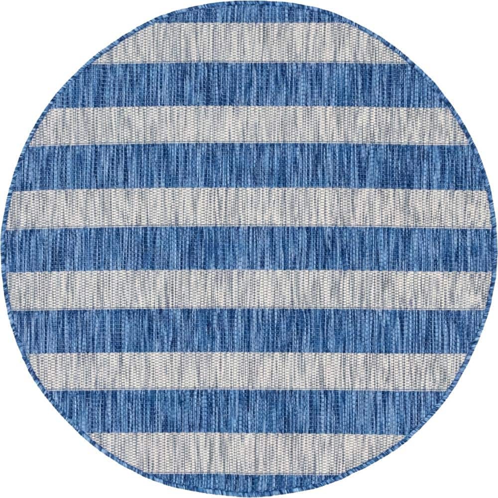 Unique Loom Outdoor Distressed Stripe Azure Blue 4 ft. Round Area Rug ...