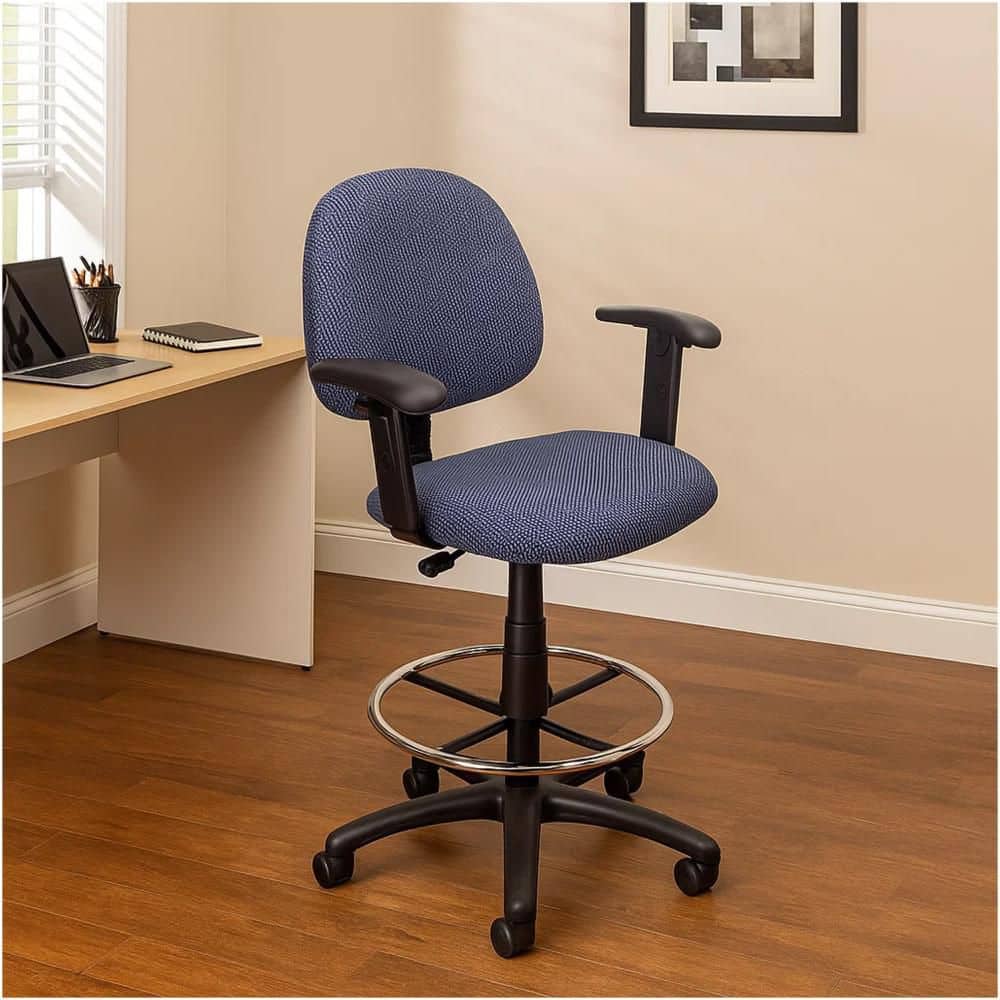 Benjara Jea Nylon Footring Ergonomic Fabric Office Stool in Blue, Black and Chrome with ...