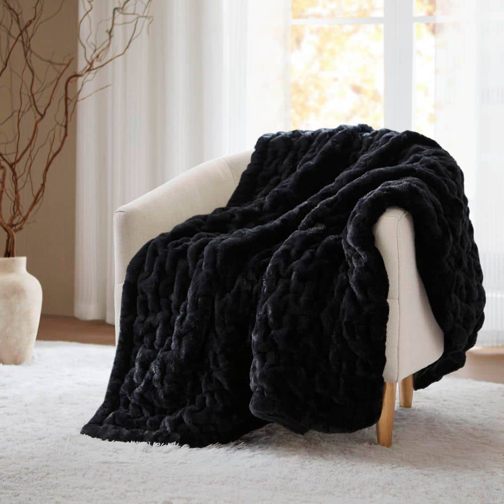 Madison Park Ruched Fur Black Polyester Throw Blanket MP50-7821 - The ...