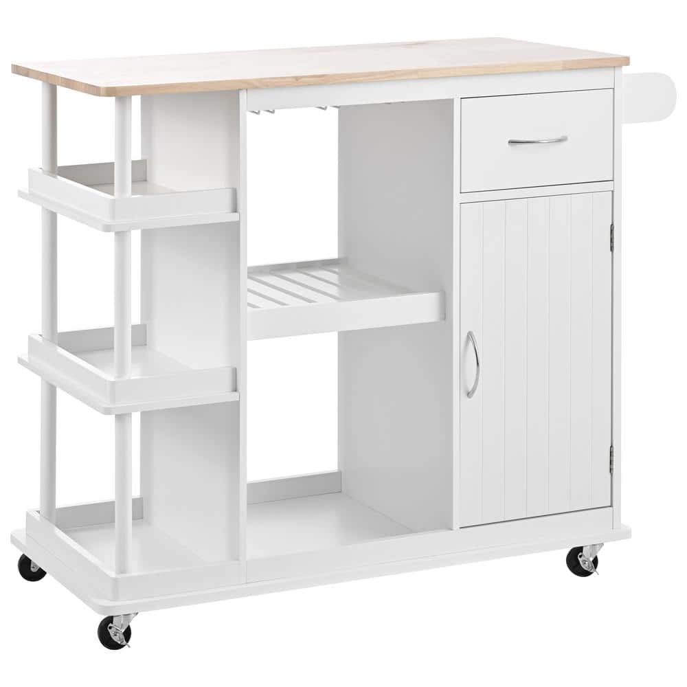 FUNKOL White Rubber Wood Kitchen Cart with Wine Cup Holder Adjustable ...