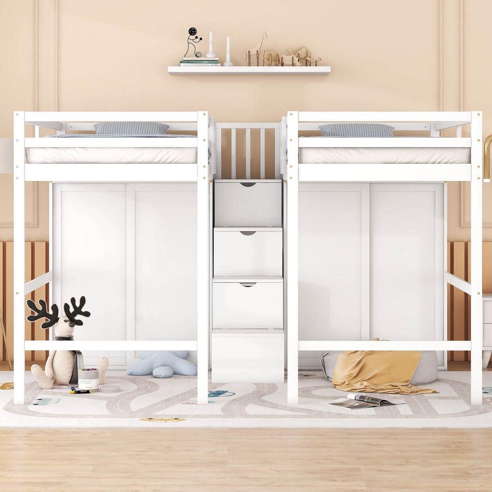 Polibi Double Twin Loft Beds with Wardrobes and Staircase, White RS ...