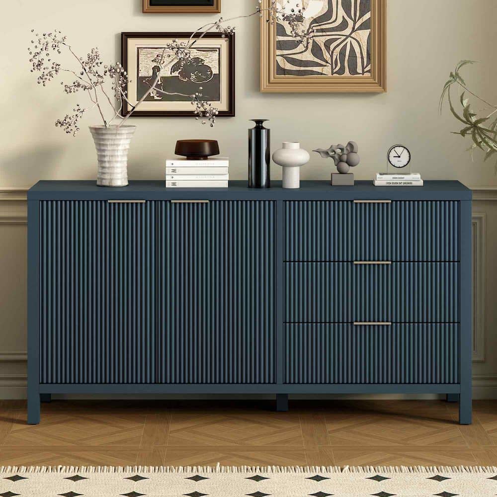 Polibi Navy Blue Wood 60 in. Sideboards with Handwoven Wood Slat Doors ...