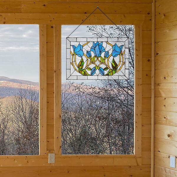 Home Decor Stained Glass Window 28x26 Inch Blue Flower Stained Glass ...