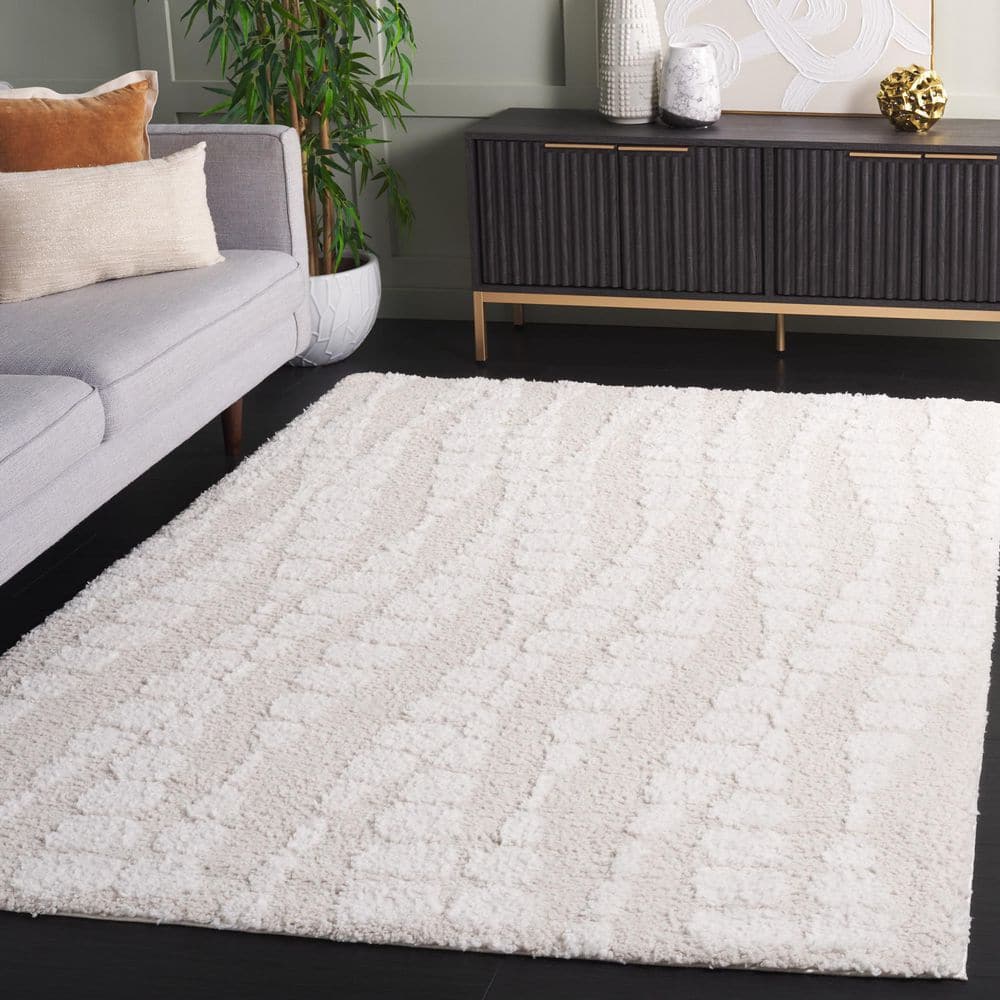 SAFAVIEH Rumi Shag 5 ft. x 8 ft. Ivory/Light Beige Wavy Striped Area ...