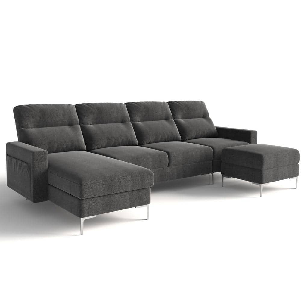 LACOO 110 in. Square Arm Modern Linen U-Shaped Sectional Sofa In Gray ...