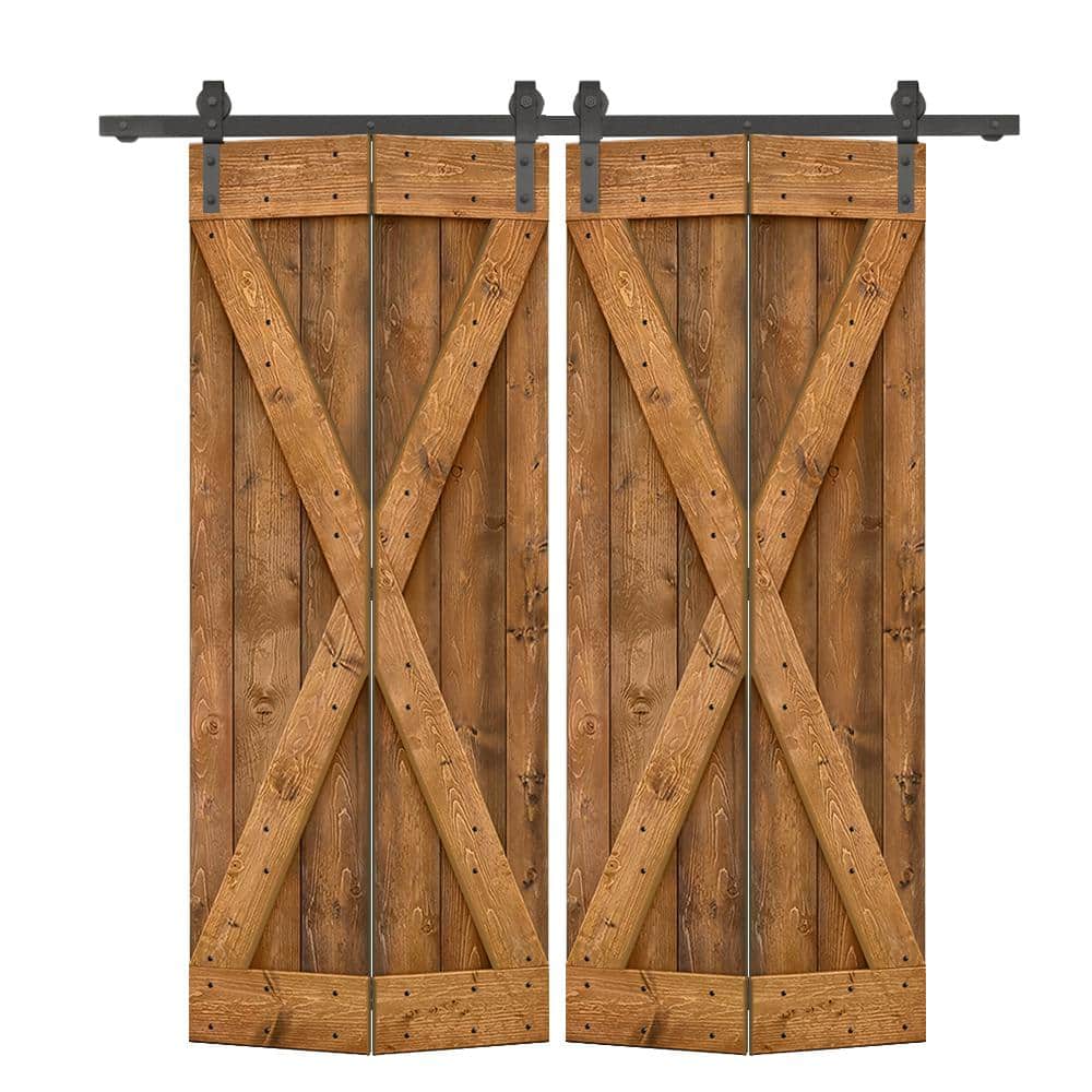 CALHOME 48 in. x 84 in. X Pre Assembled Walnut Wood Double Solid Core Bi-fold Barn Doors with ...