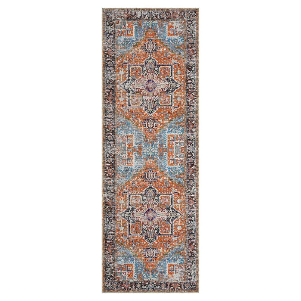 Garvee Orange 2 ft. x 6 ft. Persian Stain Resistant Floral Print Runner ...