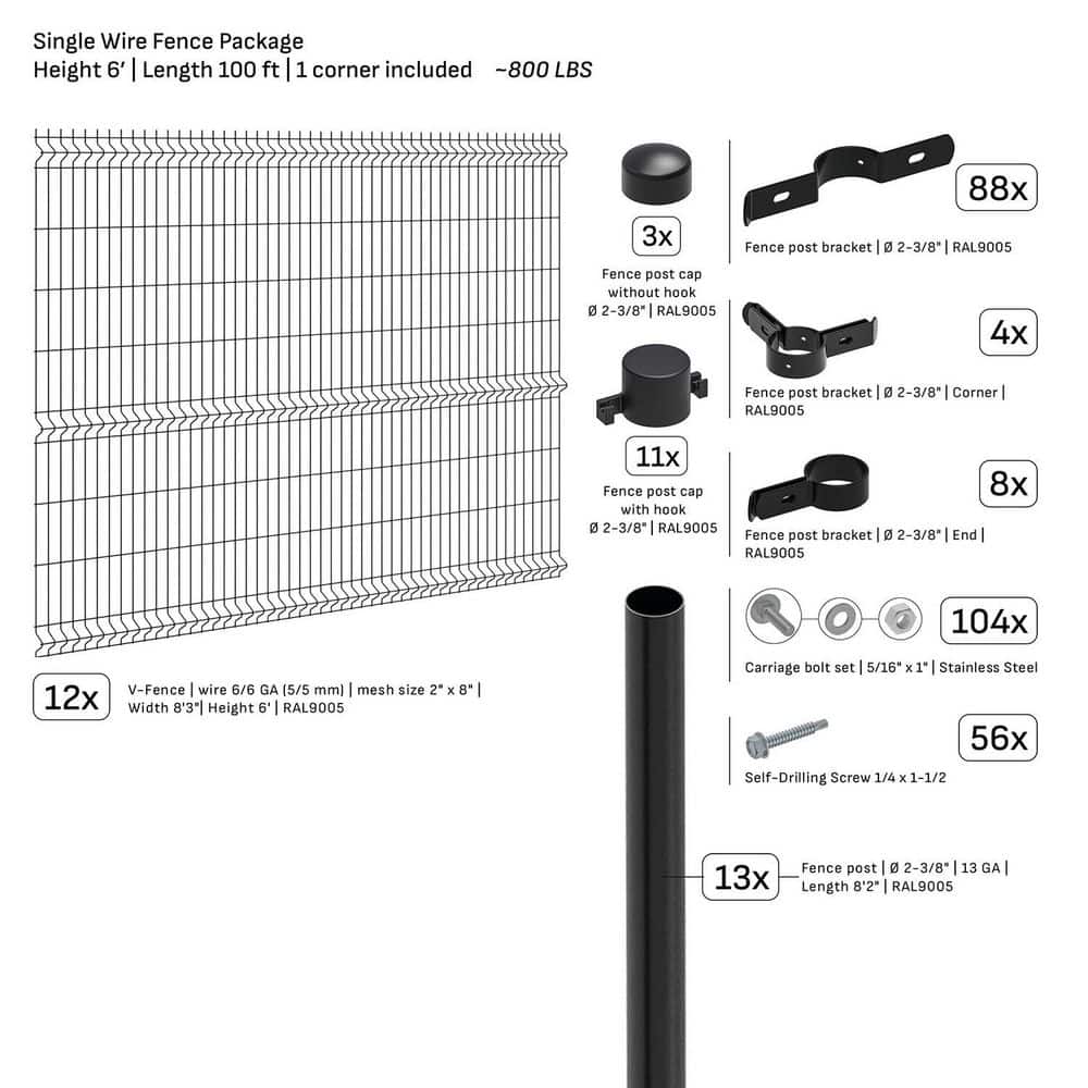 TARTER Single-Wire V-Fence 100 ft. x 6 ft. Steel Flat Top Spaced Black ...