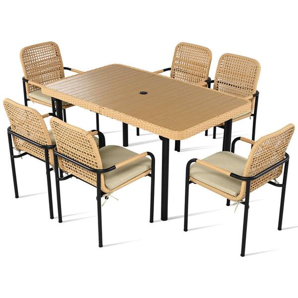 7-Piece PE Wicker Patio Dining Set with Oatmeal Cushions and Umbrella ...