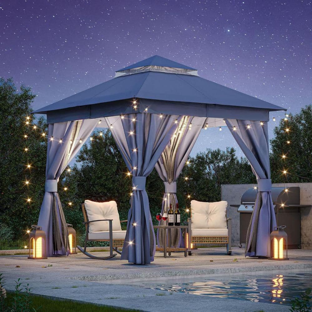 LAUSAINT HOME 8 ft. x 8 ft. Navy Blue Outdoor Patio Gazebo with Double Roof, Nettings and ...