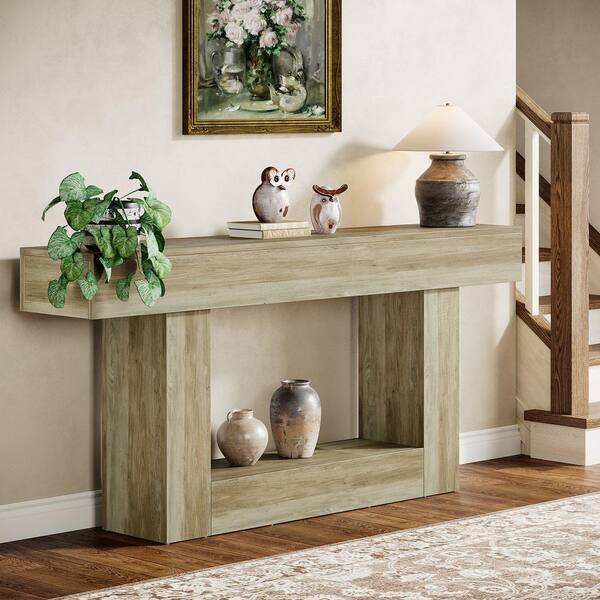 BYBLIGHT Turrella 63 in. Light Gray Rectangle Wood Console Table ...