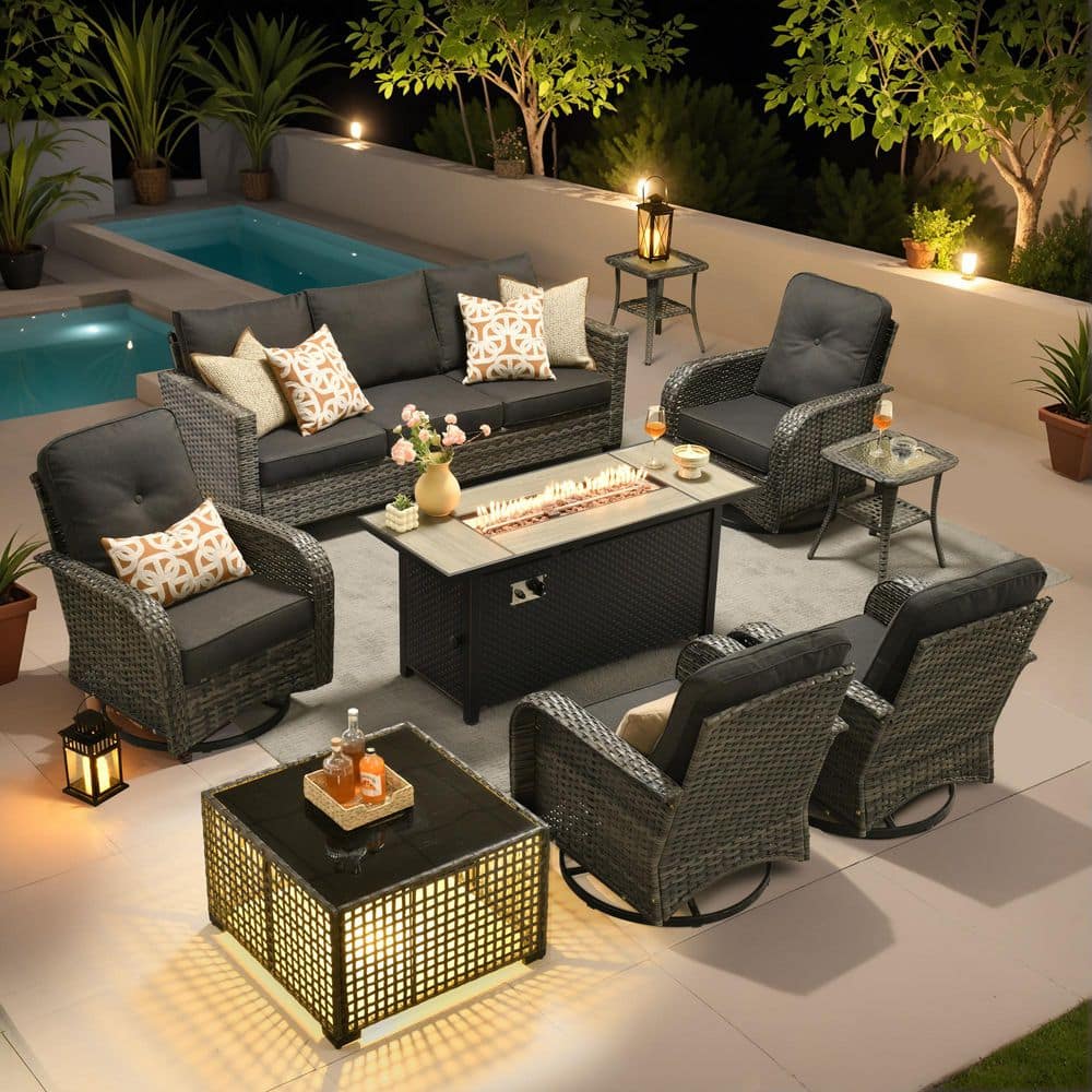 weaxty W Lotus Gray 9-Piece Wicker Patio Fire Pit Conversation Sofa Set ...