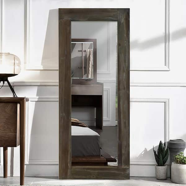Dovelina 58 in. x 24 in. Large Rustic Rectangle Wood Framed Brown With Hooks Leaning Mirror JJ00780ZZPN 4