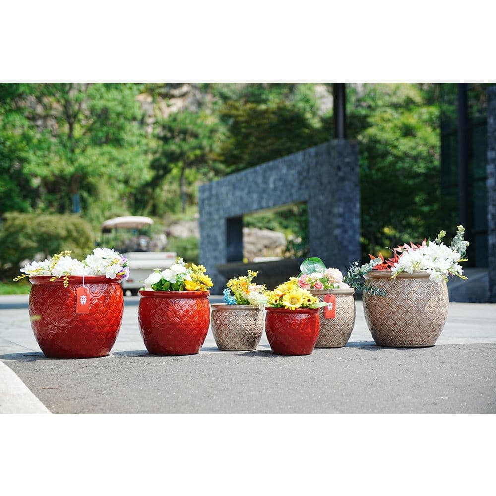GOGEXX Set of 3 13 in. Round Bean Paste Red Ceramic Flower Pot with ...