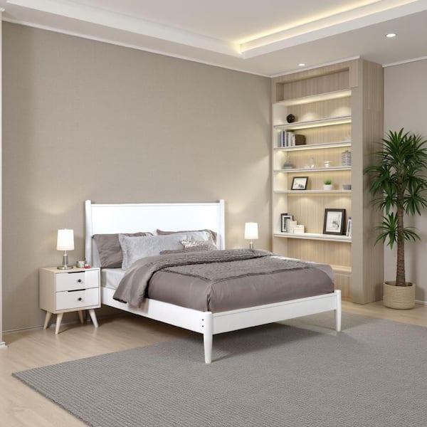 Benjara Transitional White Wood Frame Full Size Panel Bed with ...