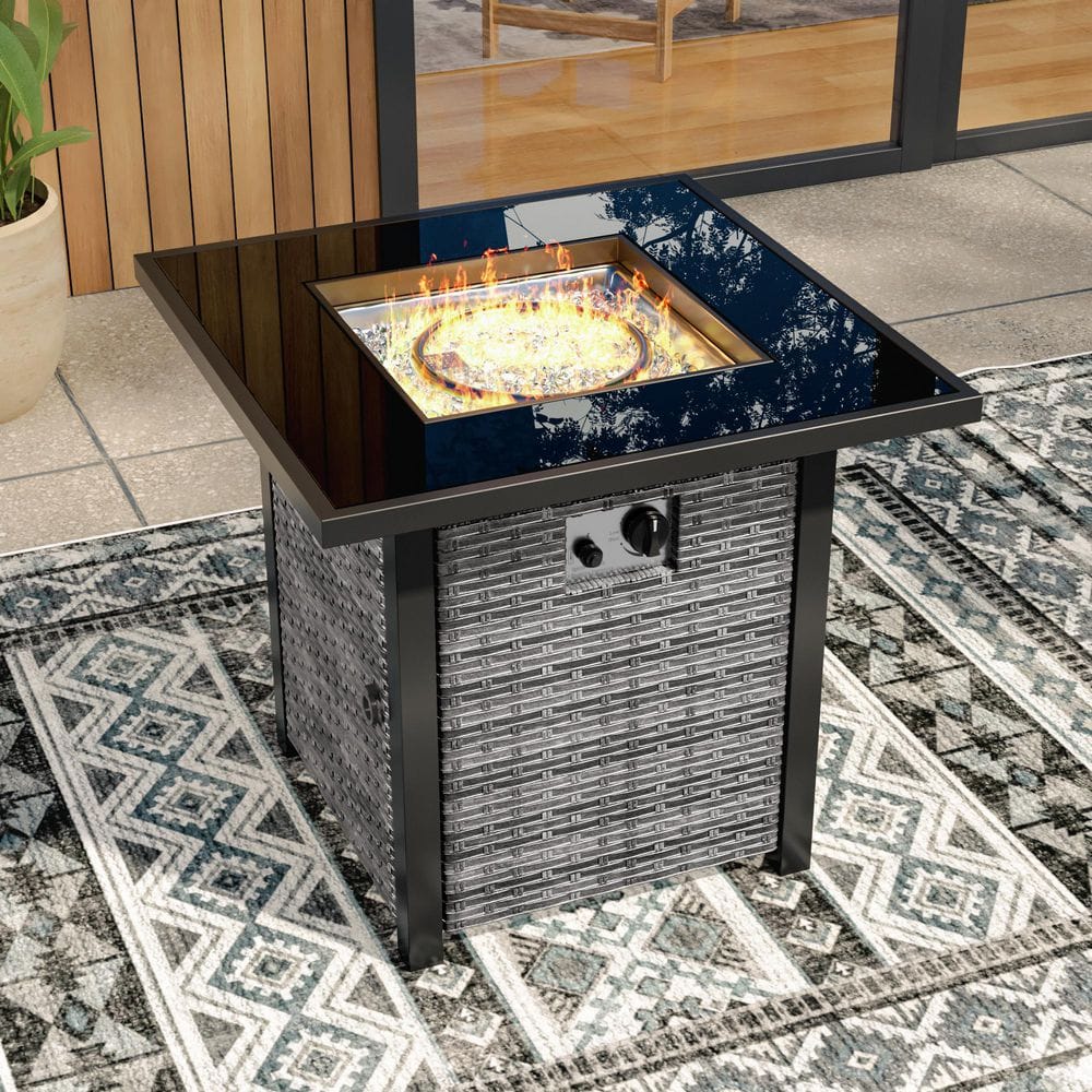 JOYESERY 28 in. Square 50,000 BTU Grey Wicker Patio Fire Pit Table 1 ...