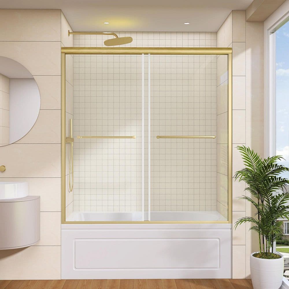Getpro 60 in. W x 62 in. H Double Sliding Tub Door in Brushed Gold Semi ...