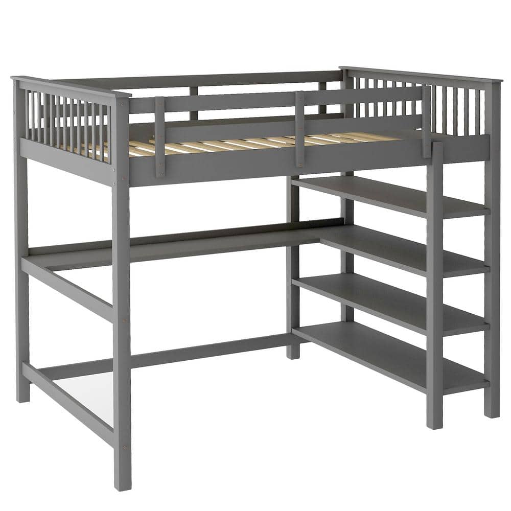 Wateday Gray Full Size Loft Bed with Storage Shelves and Under-Bed Desk ...