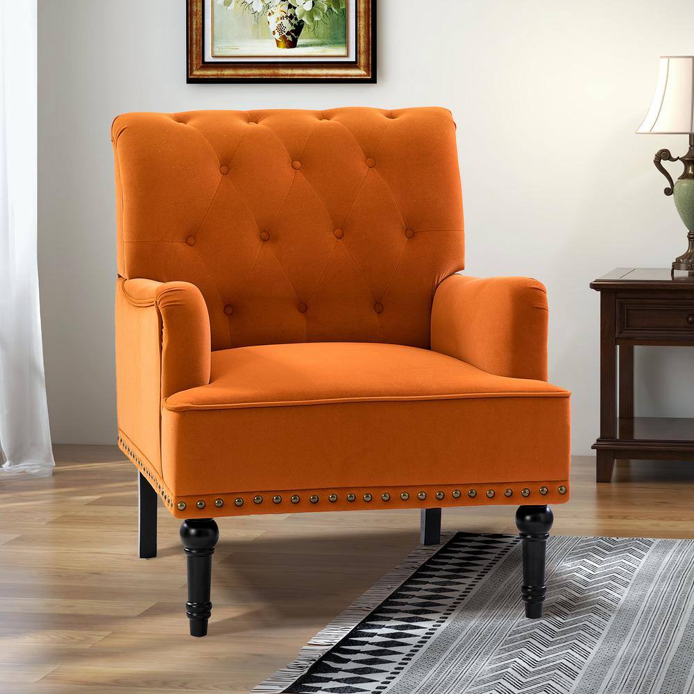 JAYDEN CREATION Enrica Orange Tufted Comfy Velvet Armchair with ...