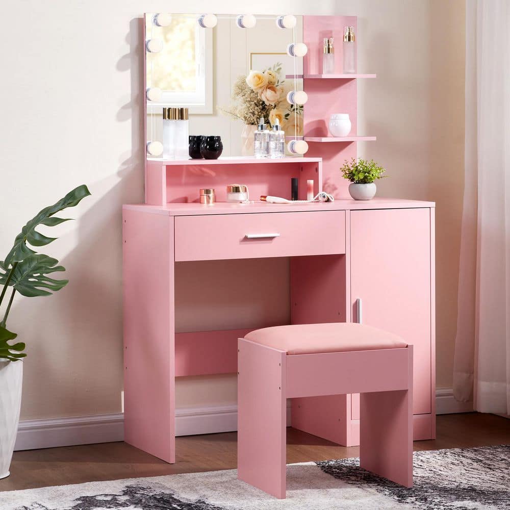 Karl home Pink Makeup Vanity Set with Mirror, Adjustable Lights and ...