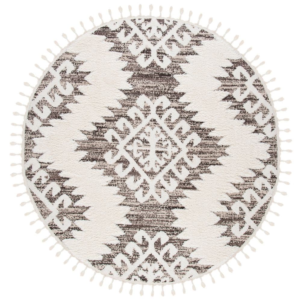 SAFAVIEH Moroccan Tassel 8 ft. x 8 ft. Ivory/Brown Geometric Round Rug ...
