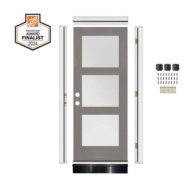 Krosswood Doors DIY RTA KIT 36in.x80in. Modern Right-Handed 3 Lite Frosted Glass Grey Stain ...