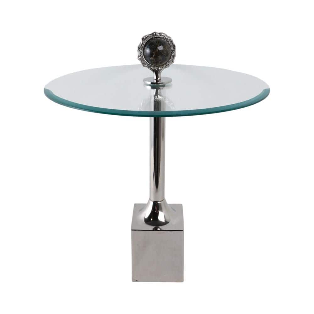 Liv & Skye 20 in. Silver Round Glass Stone Metal Base End Table HD20982 ...