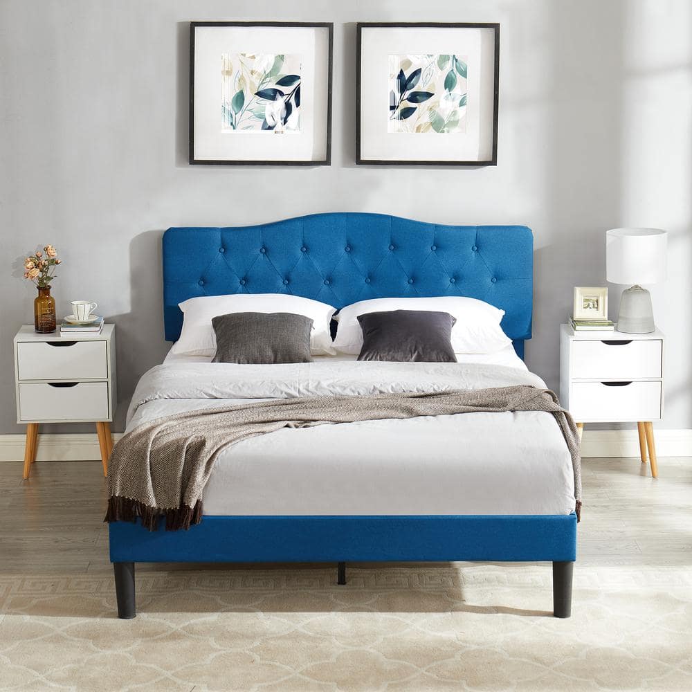 VECELO Bed Frame with Button, Blue Wood Frame Slat Support Easy ...