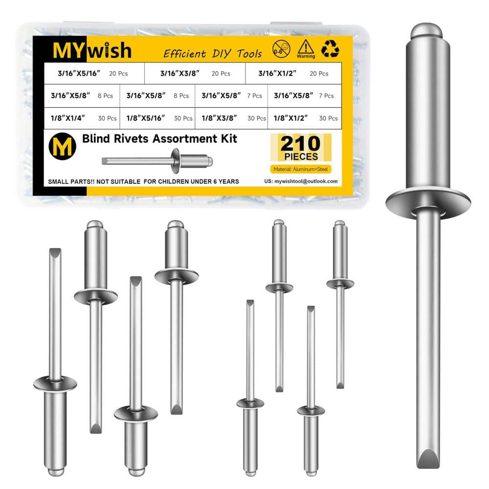 MYWISH 210-Piece Aluminum and Steel Blind Pop Rivet Assortment Kit (8 ...