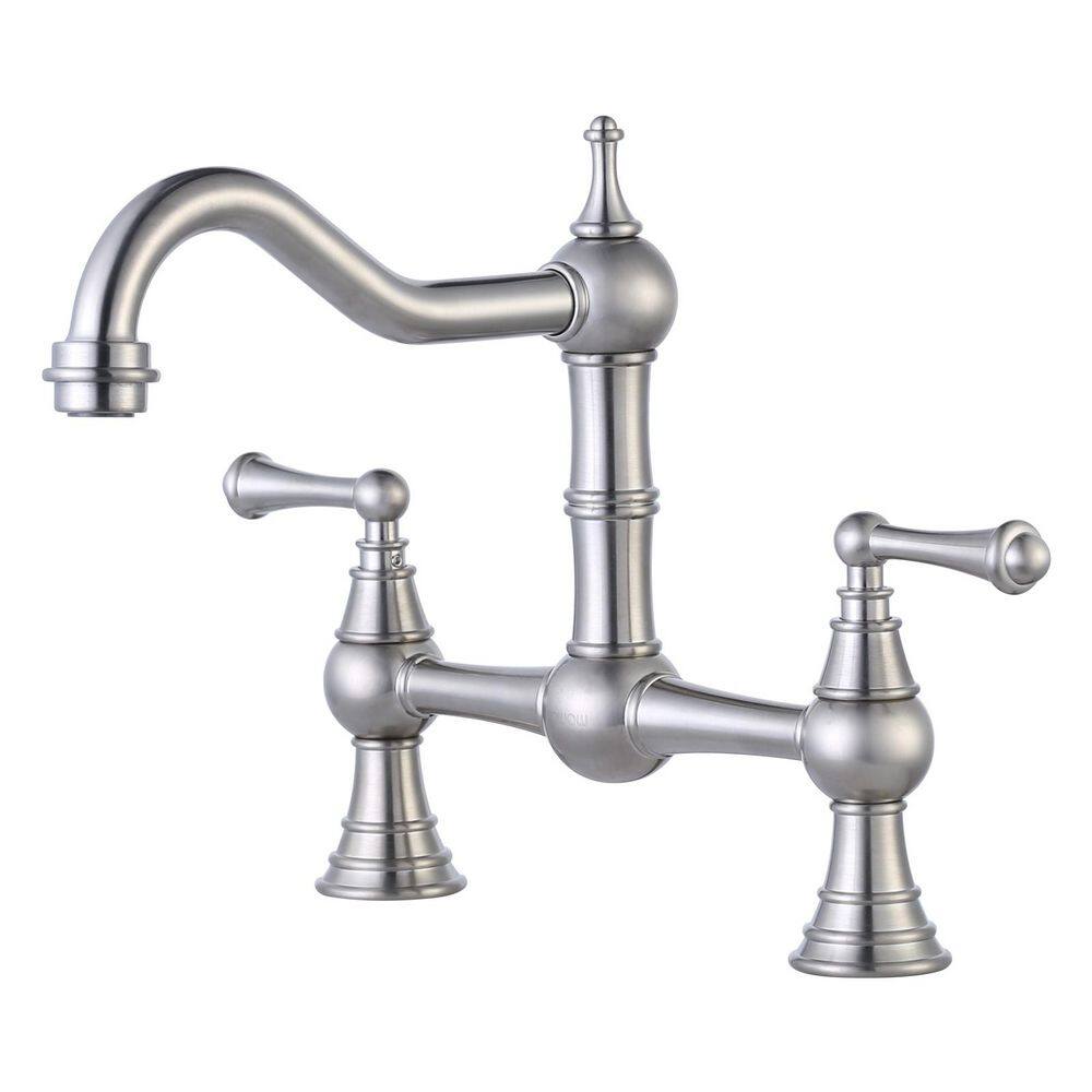 VEVETTA Double Handle Bridge Faucet with 360° Swivel Spout in Brushed ...