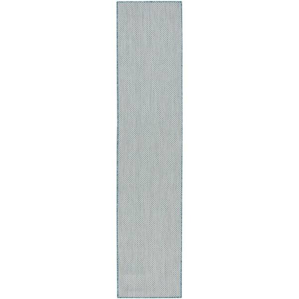 Nourison Courtyard Ivory/Aqua 2 ft. x 10 ft. Runner Solid Geometric ...