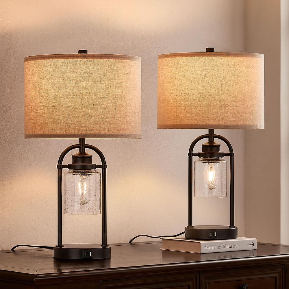 KAWOTI 22 in. Industrial Bronze Lamp Set with Night Lights and Glass ...