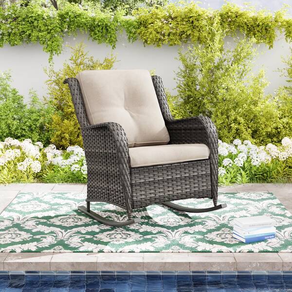 JOYSIDE Wicker Outdoor Patio Rocking Chair with Beige Cushion JS-PRC ...