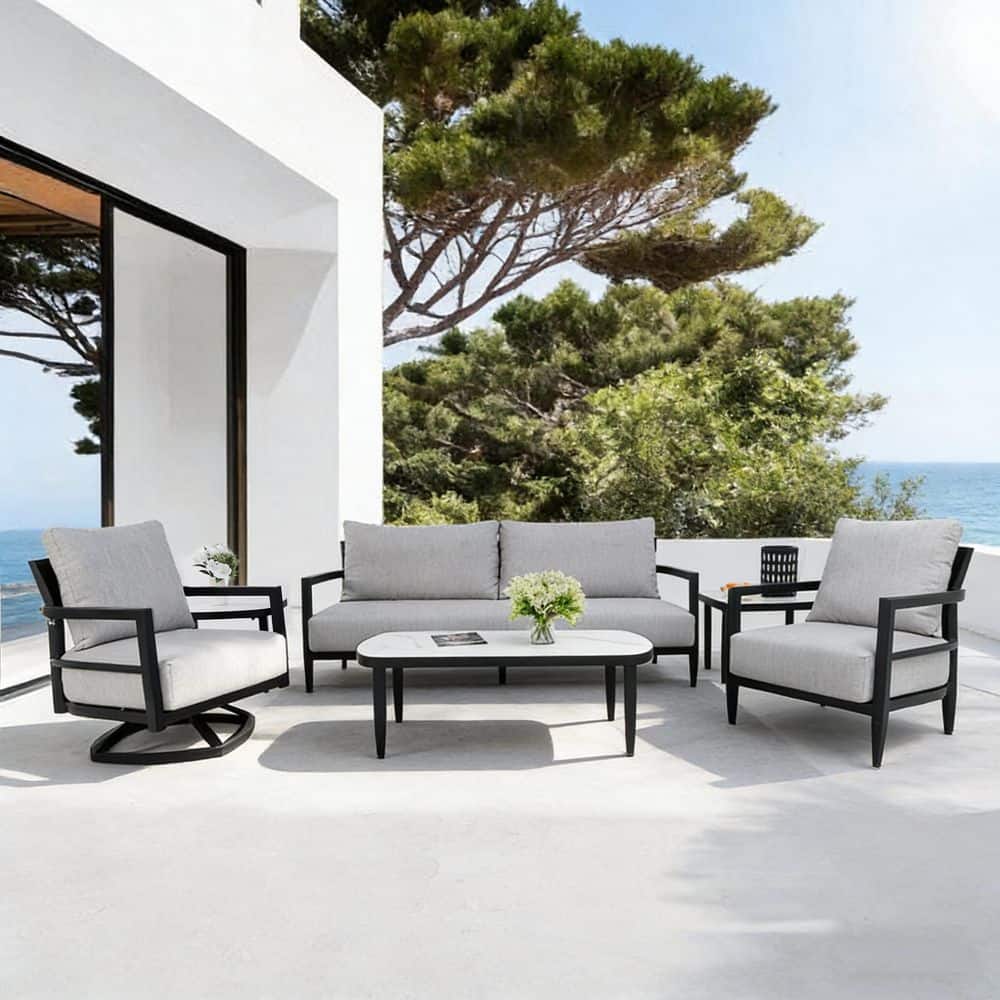 Phewnyzo Black 6-Piece Conversation Set with Gray Cushion Sunbrella and ...