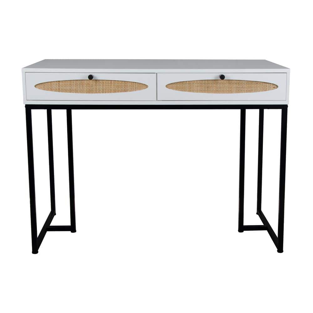 Spaco 42 in.W Rectangle White Wood Natural Rattan Writing Desk with 2 ...