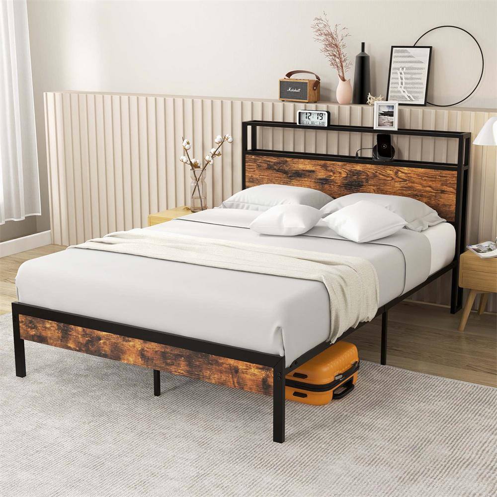 Costway Rustic Brown Metal Bed Frame Full Platform Bed with Storage ...
