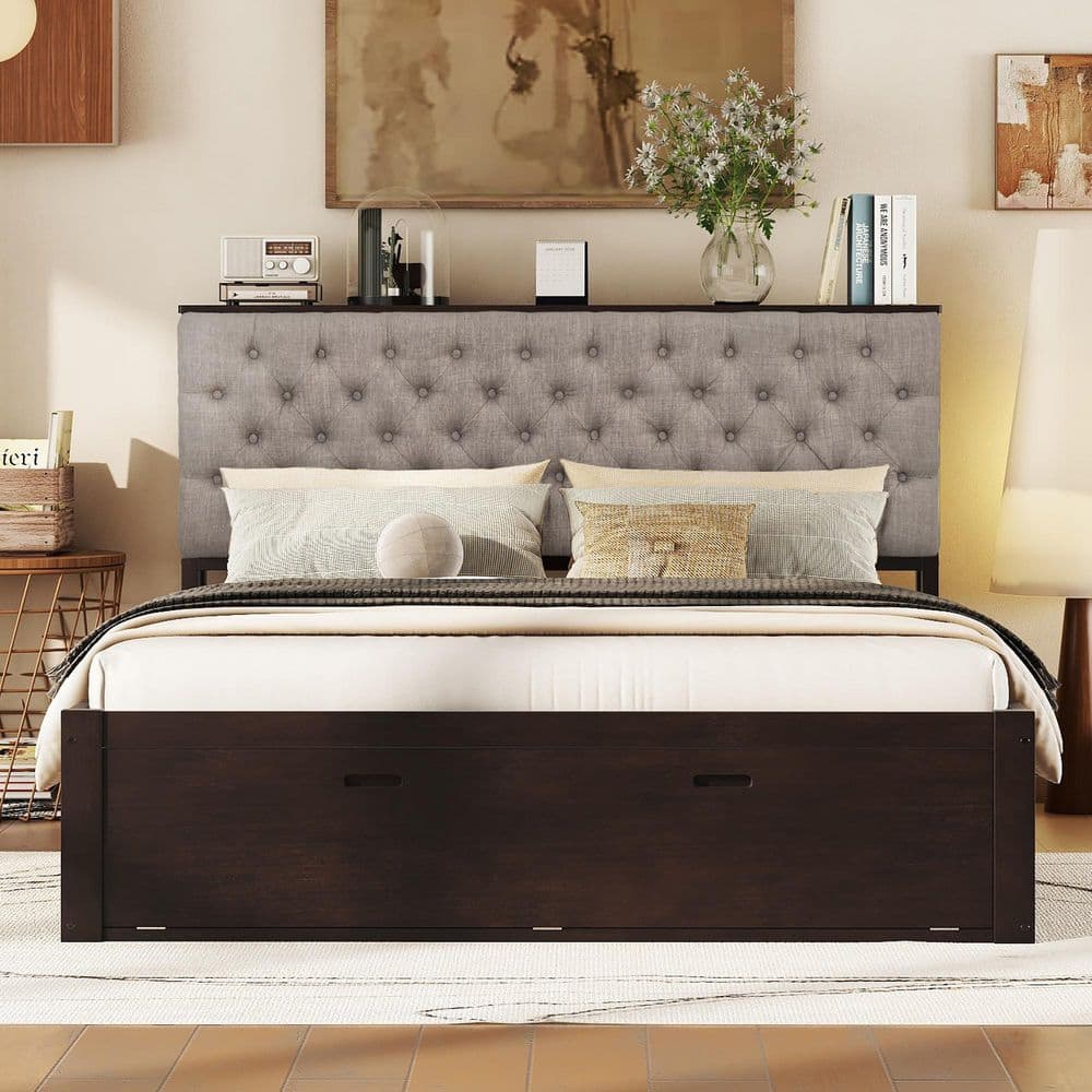 Qualler Espresso Brown Wood Frame Queen Size Platform Bed with Shoe ...