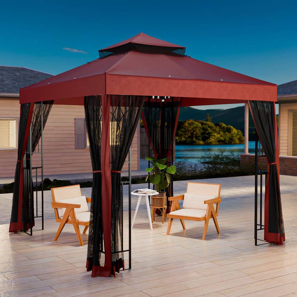 COOS BAY 8 ft. x 8 ft. Red Outdoor Garden 2-Tier Vented Soft Top Gazebo ...