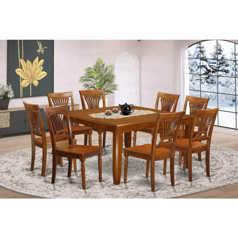 East West Furniture 9-Piece Square Saddle Brown Finish Solid Wood Top ...