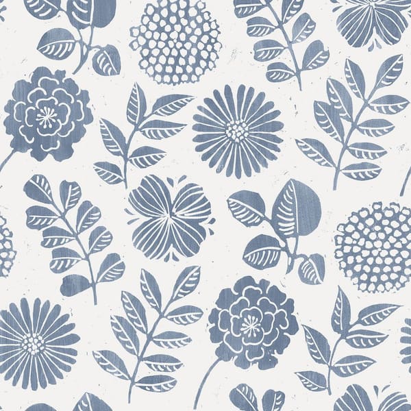 A-Street Prints Inge Blue Denim Floral Block Print Wallpaper Sample ...