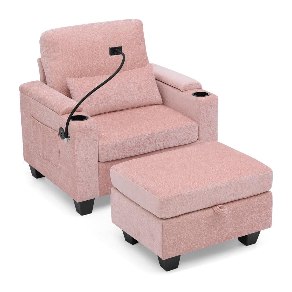 UOI Pink Chenille Fabric Manual Adjustable Recliner with USB Port, Cup ...