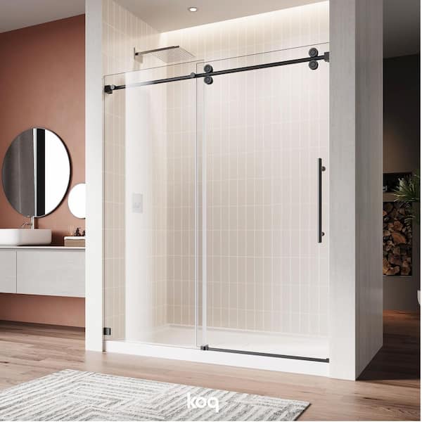 KOQ 54 in. W x 76 in. H Double Sliding Frameless Shower Door in Matte Black Finish with 3/8 in ...